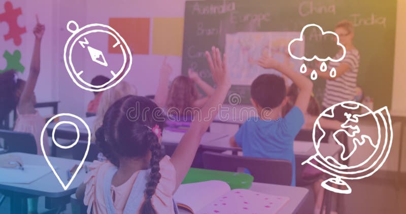 Image of School Items Over Back View of Class of Diverse Pupils Stock ...