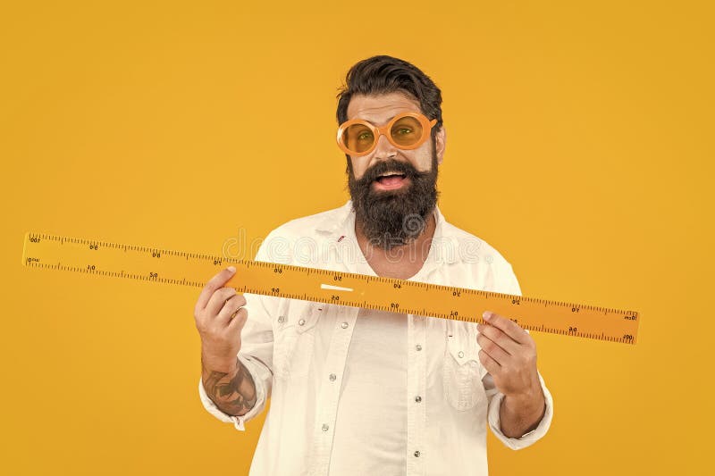 School Man Measure Height with Ruler Isolated on Yellow. School Man ...