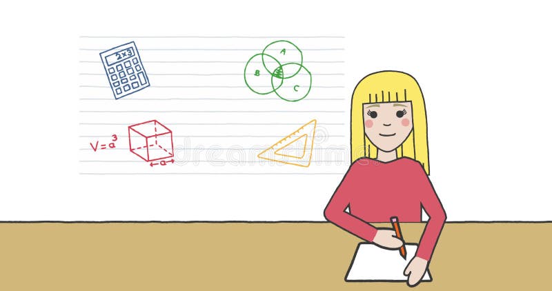 Image of Schoolgirl Taking Notes Over School Items Icons on White ...