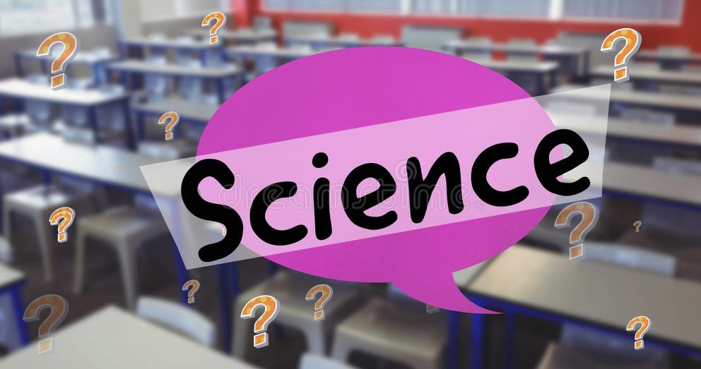 Image of Science Text with Question Marks Over Empty Classroom Stock ...