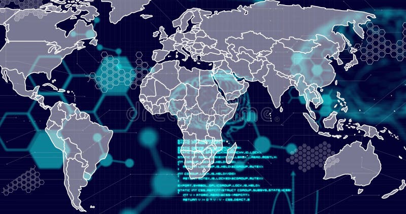 Image of Scientific Data Processing and Human Brain with World Map Over ...