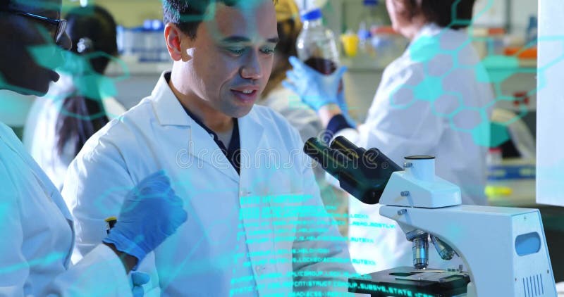 Image of Spinning Dna Strand an Data Processing Over Caucasian ...