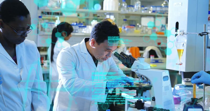 Image of Spinning Dna Strand an Data Processing Over Caucasian ...