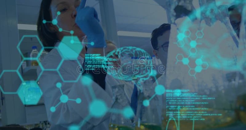 Image of Spinning Dna Strand an Data Processing Over Caucasian ...