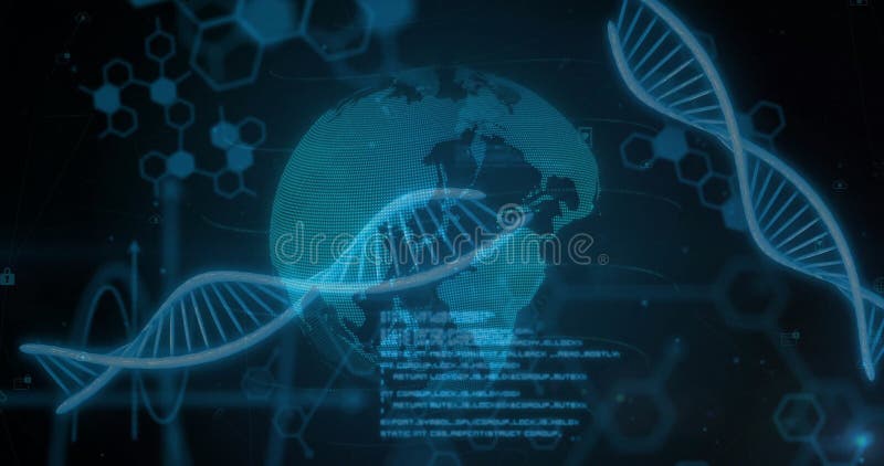 Image of Scientific Data Processing Over Globe and Dna Strands on Dark ...