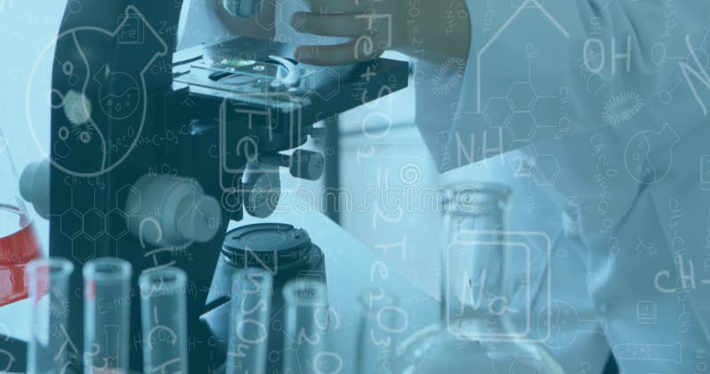 Image of Scientific Formulas Over Female Scientist Using Microscope ...