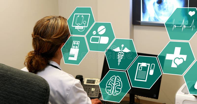 Image of Scientific Icons in Hexagons Over Caucasian Female Lab Worker ...