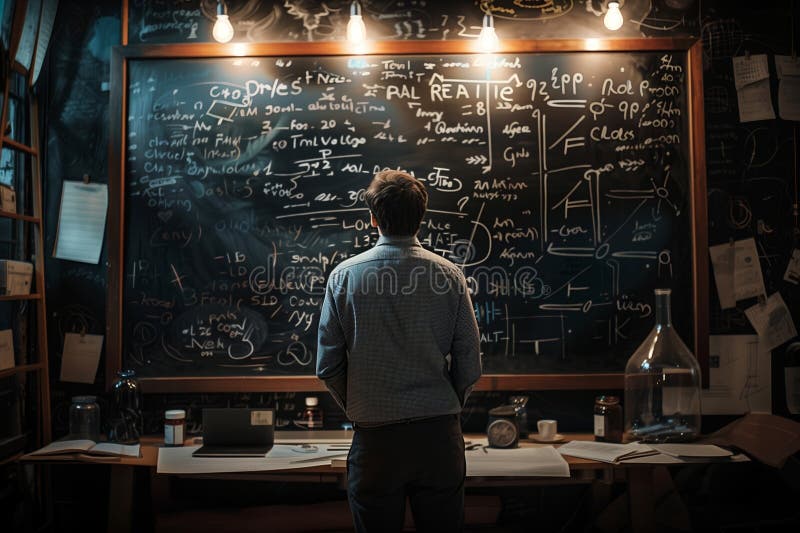 Scientist Standing in Front of a Huge Blackboard with Mathematical ...