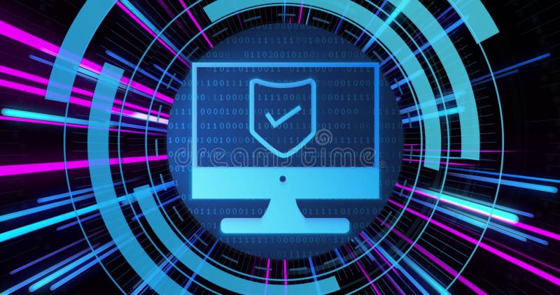 Image of Scope and Computer with Ceber Security Icons Over Pink and ...