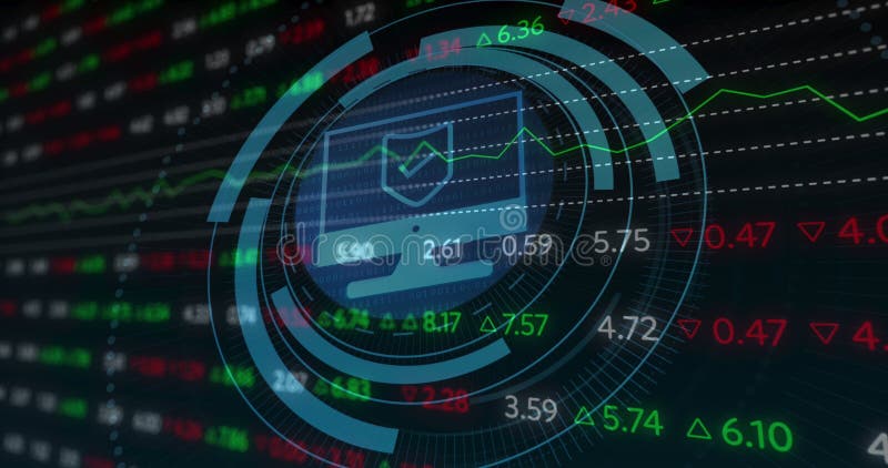 Image of Scope Scanning with Computer Icon Over Stock Market on Black ...