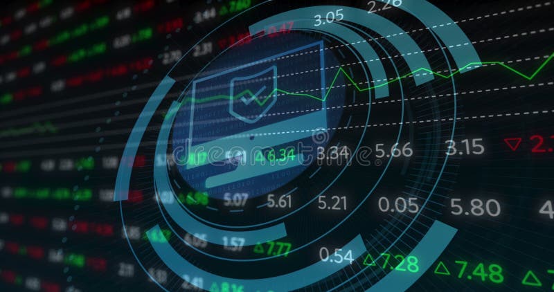 Image of Scope Scanning with Computer Icon Over Stock Market on Black ...