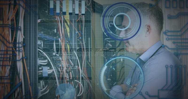Image of Scope Scanning and Data Processing Over Caucasian it Man Computer Server Stock Image ...