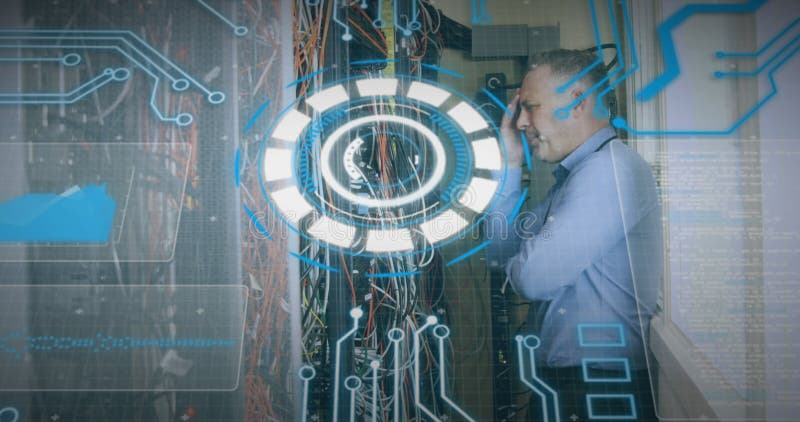 Image of Scope Scanning and Data Processing Over Caucasian it Man Fixing Computer Server Stock ...