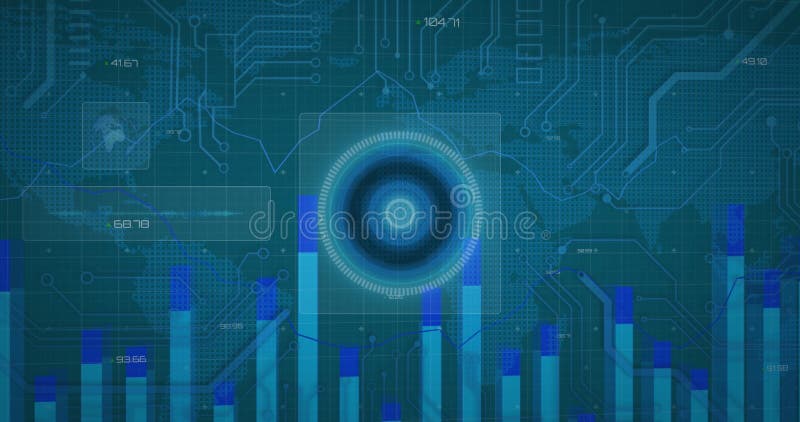 Image of Scope Scanning and Data Processing with World Map on Blue ...