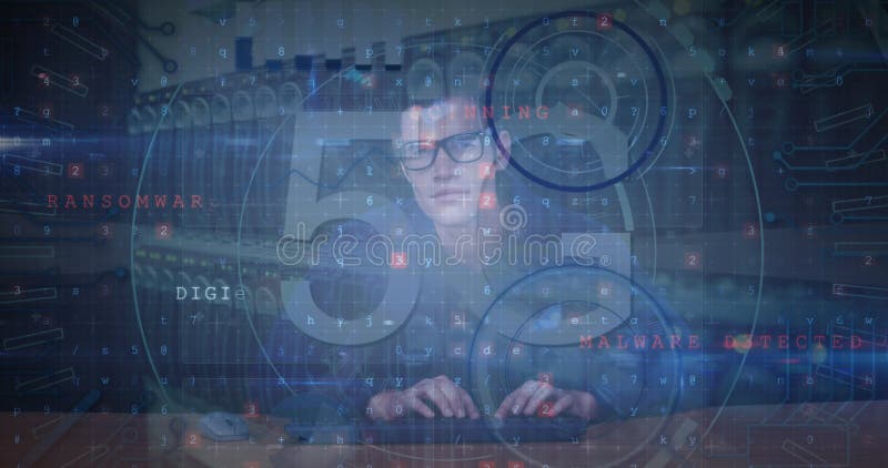 Image of Scope Scanning with 5g Text and Data Processing Over Caucasian Hacker in Server Room ...