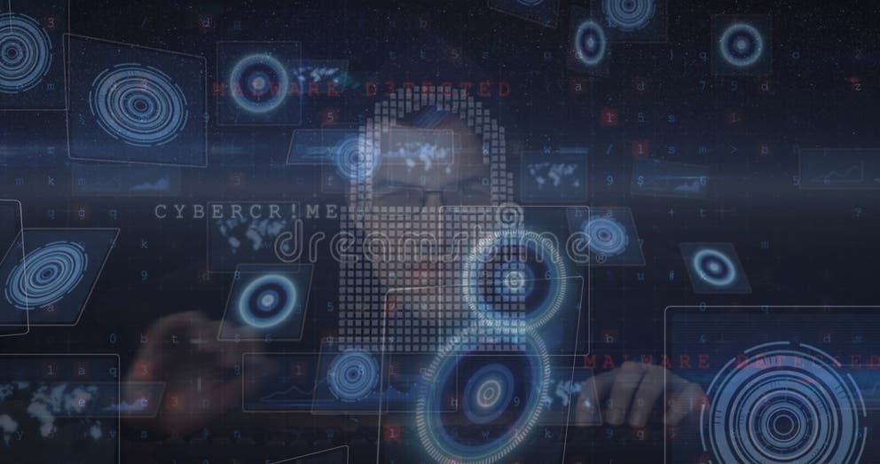 Image of Scope Scanning with Icons and Data Processing Over Caucasian Hacker in Server Room ...