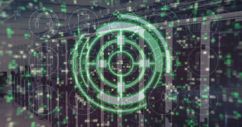 Image of Scope Scanning with Icons and Moving Columns Over Server Room ...