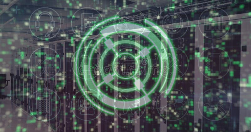 Image of Scope Scanning with Icons and Moving Columns Over Server Room ...