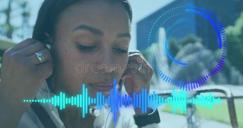 Image of Scope Scanning and Music Graphic Equalizer Over Woman Using ...