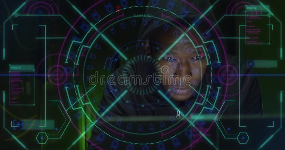 Image of Scope Scanning Over Biracial Male Hacker Using Laptop Stock ...