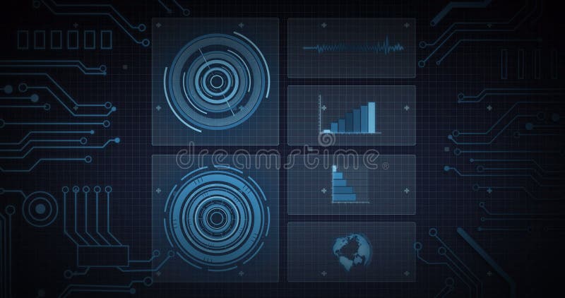 Image of Scope Scanning, Processor Elements and Data Processing on Screens Over Grid Stock ...