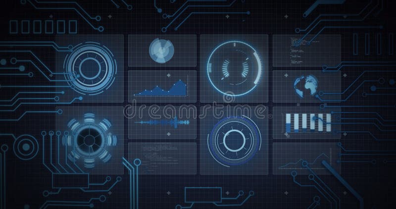 Image of Scope Scanning, Processor Elements and Data Processing on Screens Over Grid Stock ...