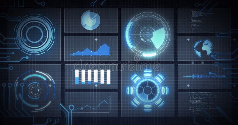 Image of Scope Scanning, Processor Elements and Data Processing on Screens Over Grid Stock ...