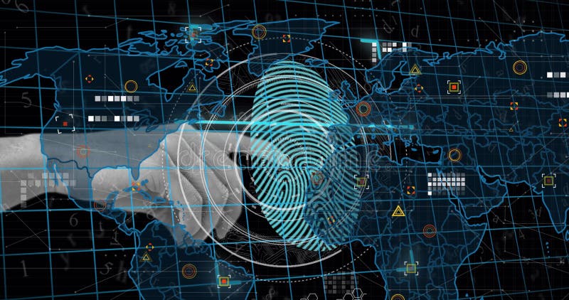 Image of Scope Scanning and World Map Over Hand and Fingerprint on ...