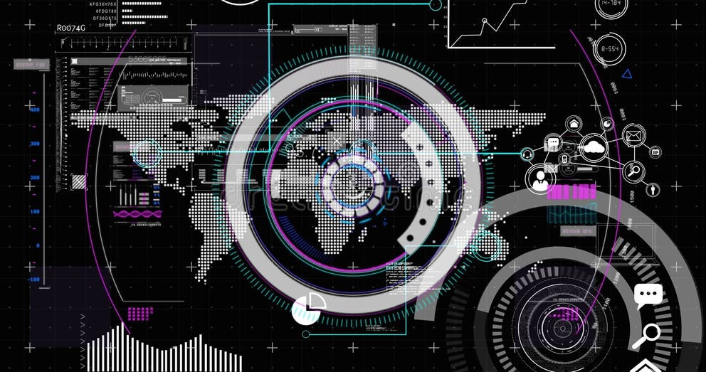 Image of Scopes Scanning and Data Processing Over World Map on Digital Screen Stock Illustration ...