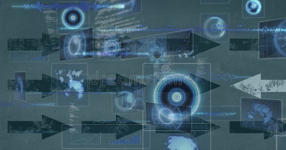 Image of Scopes Scanning and Data Processing on Screens Over Arrows Stock Photo - Image of ...