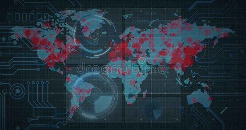 Image of Scopes Scanning on Screens with Location Points Over World Map ...