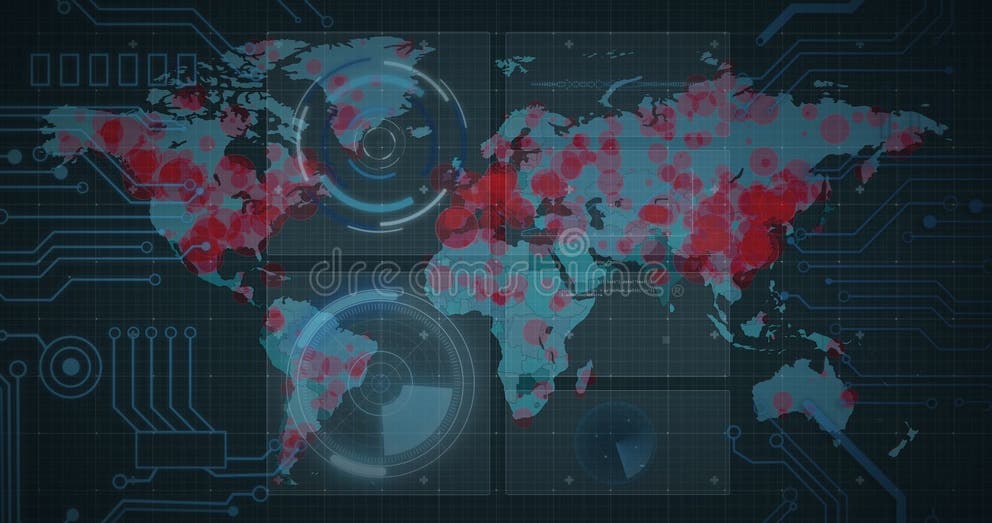 Image of Scopes Scanning on Screens with Location Points Over World Map ...