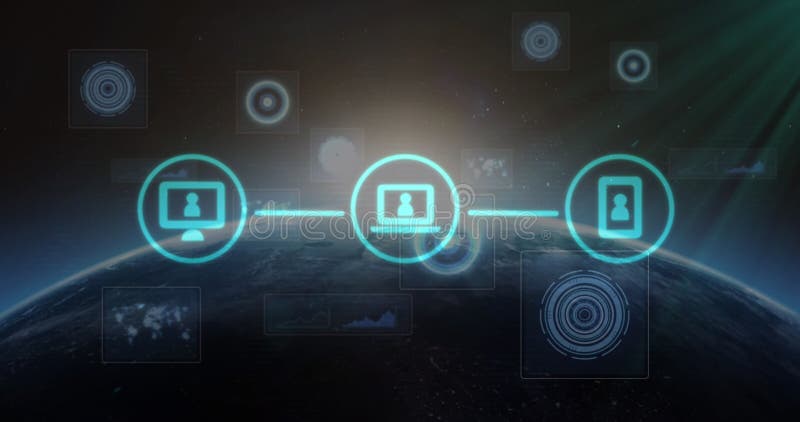 Image of Scopes Scanning and Three Digital Icons Over Globe and Sun ...