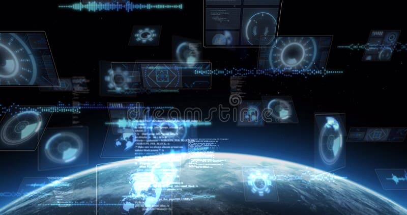 Image of Scopes Scanning, World Map, Data Processing on Screens Over ...