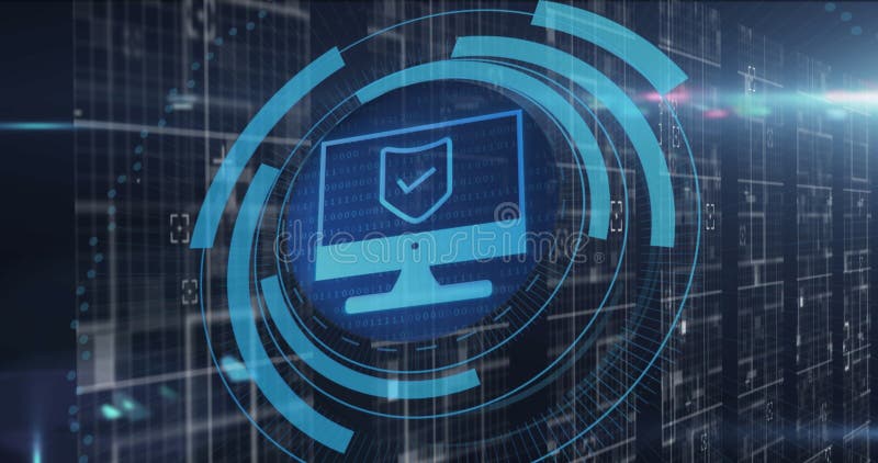 Image of Screen with Digital Shield in Circle Over Lights and Data ...