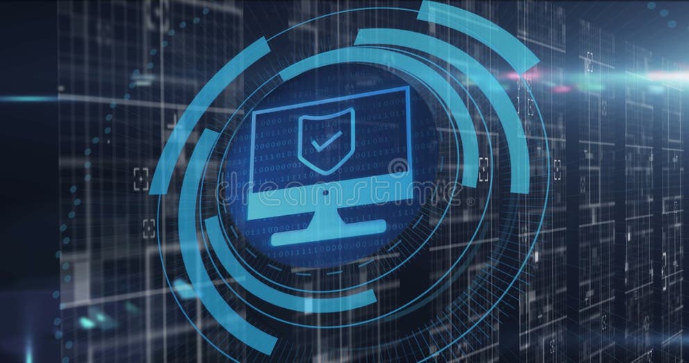 Image of Screen with Digital Shield in Circle Over Lights and Data ...