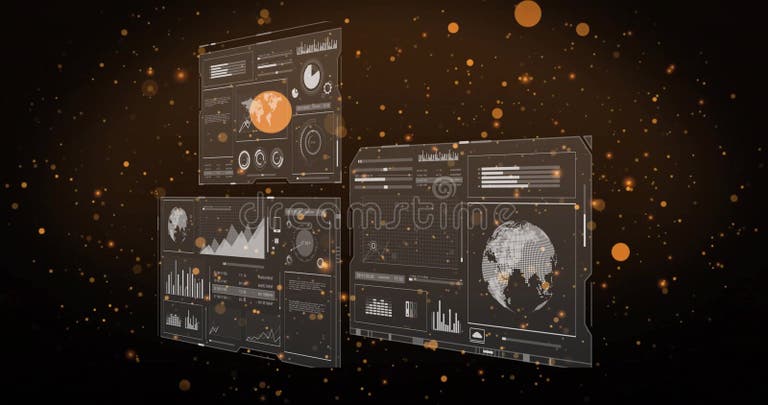 Image of Screens and Digital Data Processing Over Glowing Spots on Dark ...