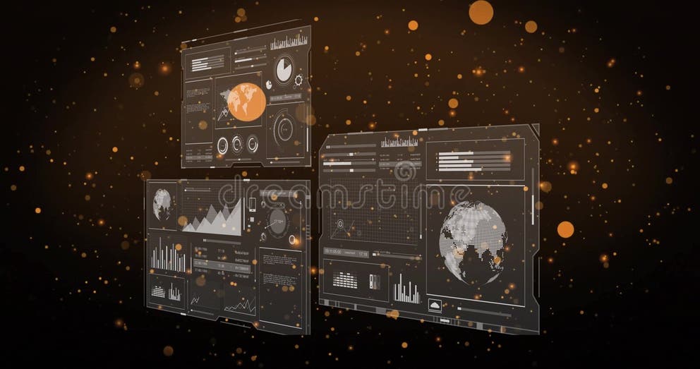 Image of Screens and Digital Data Processing Over Glowing Spots on Dark ...