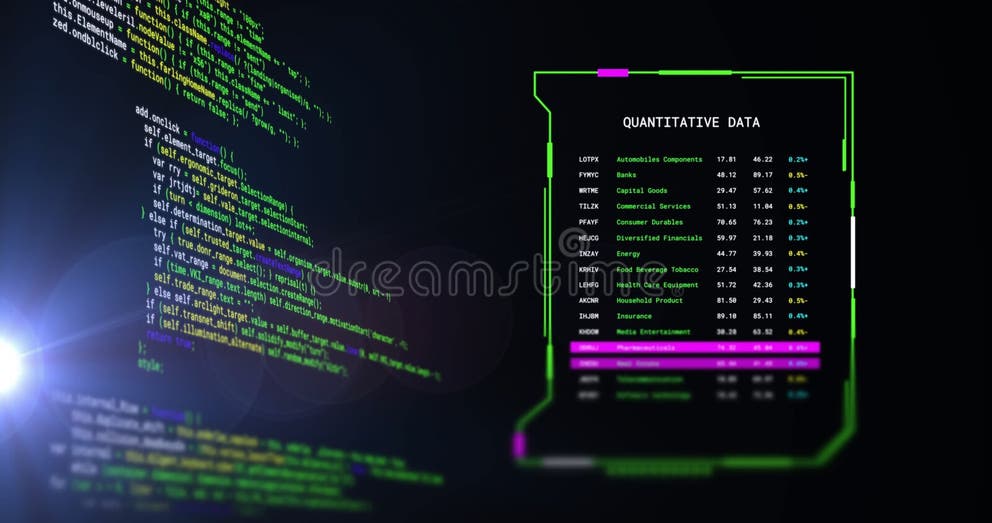 Image of Scrolling Text Data and Interface Processing Quantitative Data, on Dark Background ...
