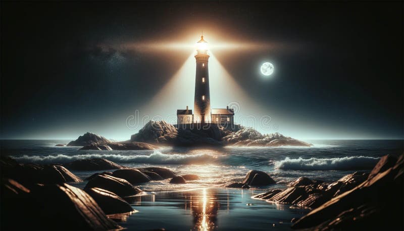 Image of a Sea Lighthouse at Night in Horizontal Format. Stock Image ...
