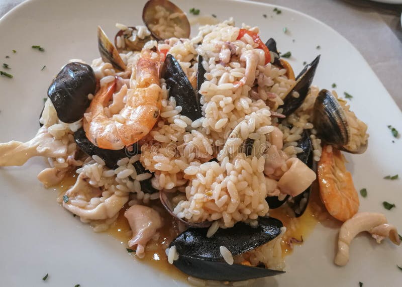 Seafood Risotto with Mussels and Shrimp, Italy Stock Photo - Image of ...