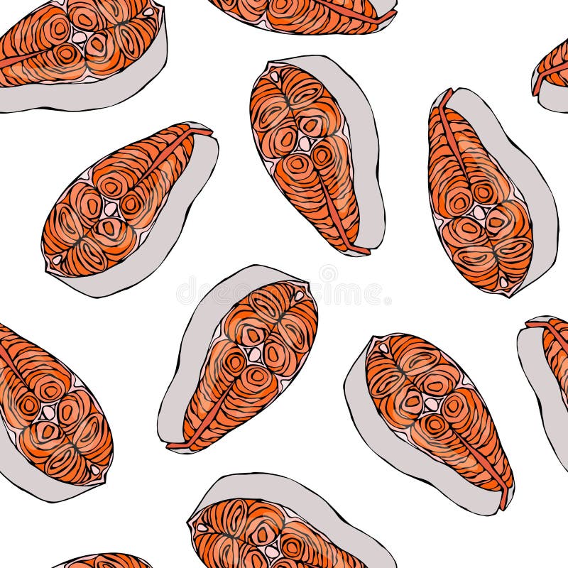 Image Seamless Pattern with Salmon Filet for Seafood Menu. Ink Vector ...