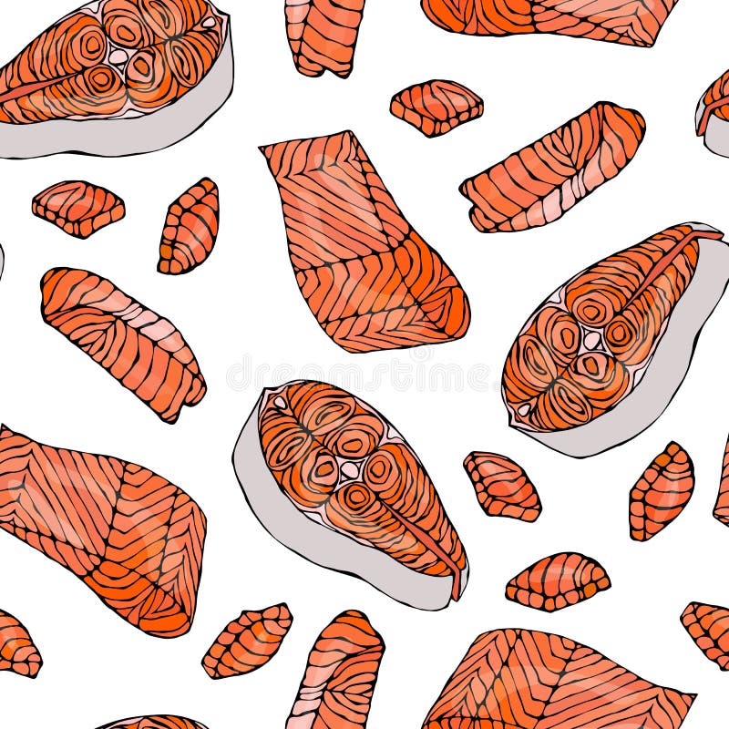Image Seamless Pattern with Salmon Filet for Seafood Menu. Ink Vector ...