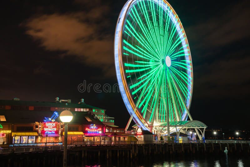 Seattle Great Wheel in Easter Editorial Photo - Image of downtown, neon ...