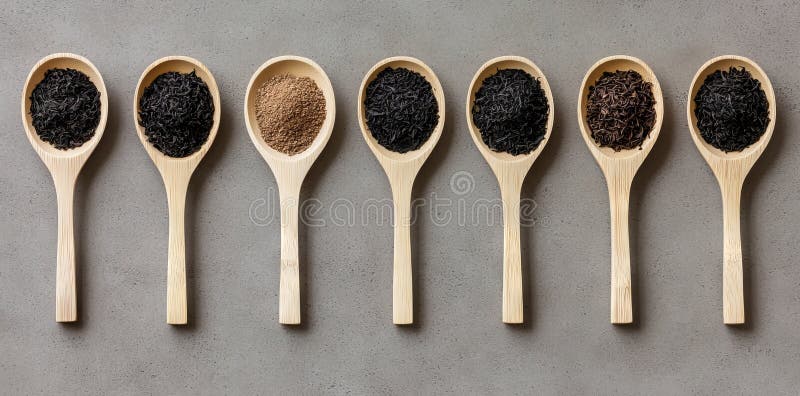 In this Image, we See an Array of Tea Leaves Displayed in Wooden Spoons ...