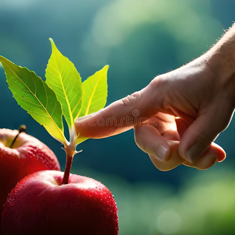 Hand Pointing To Fresh Red Apple on Blurred Green Background Stock ...