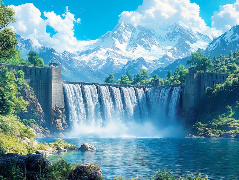 Serene Concrete Dam Cascading Waterfall Landscape Stock Photos - Free ...