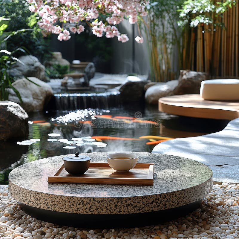 Image of a Serene Oriental Scene with a Tea Setup on a Stone Surface ...