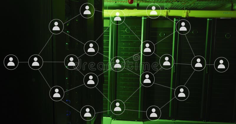 Image of Server Room Over Network of Connections with Icons Stock ...