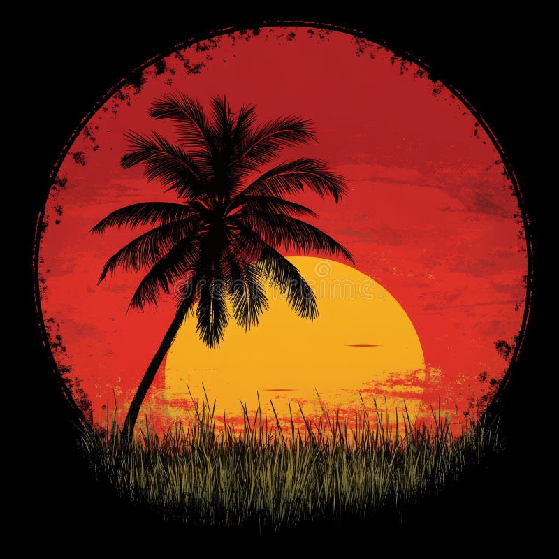 The Image of the Setting Sun with a Palm Tree is Rendered in a Vintage ...